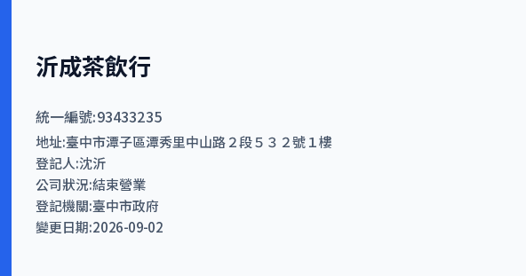 沂成茶飲行的照片-統編 93433235(臺中市) 公司登記資料與營業項目詳細圖表