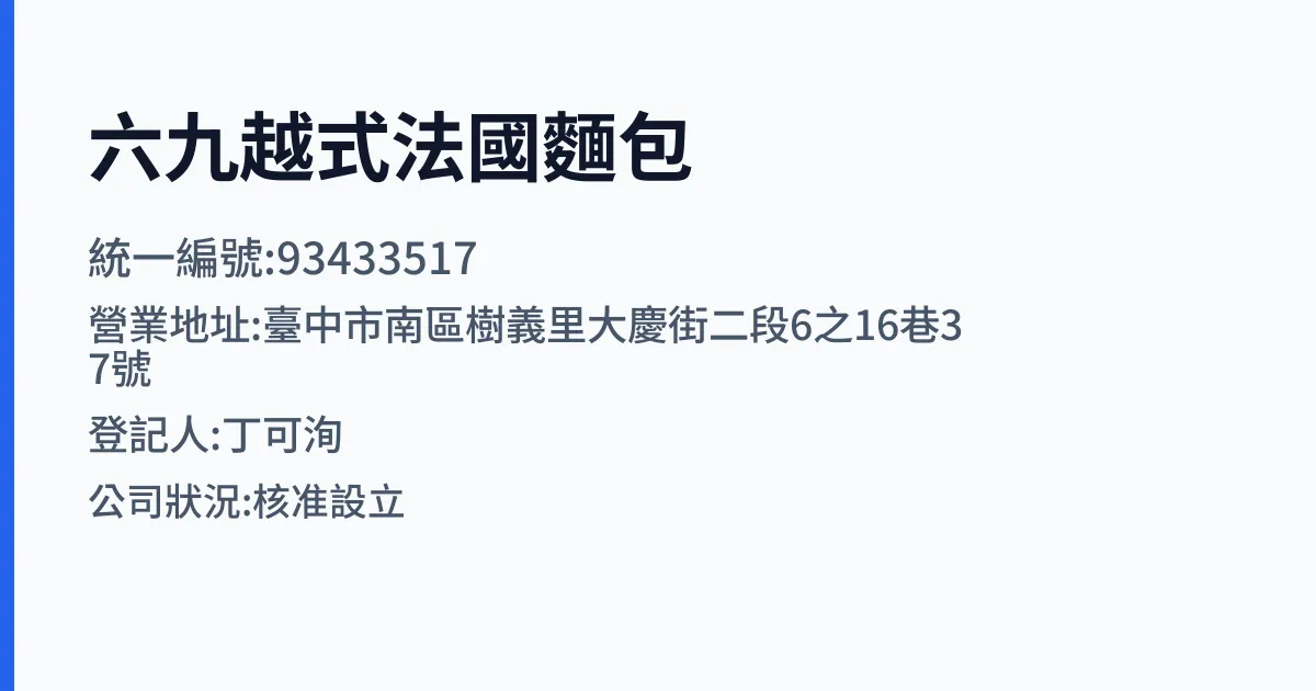 六九越式法國麵包 - 統編 93433517（臺中市） 公司登記資料與營業項目詳細圖表