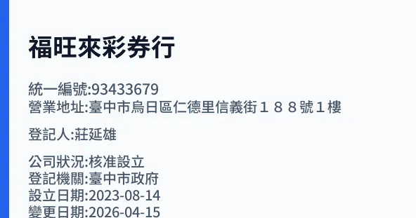 福旺來彩券行的照片-統編 93433679(臺中市) 公司登記資料與營業項目詳細圖表