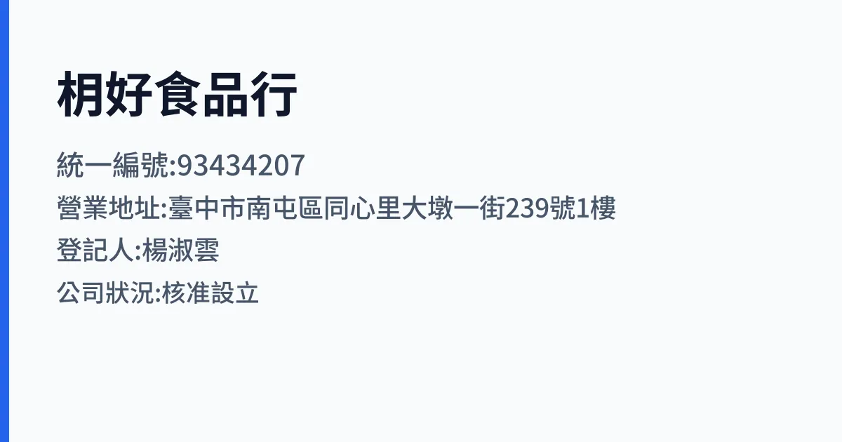 枂好食品行 - 統編 93434207（臺中市） 公司登記資料與營業項目詳細圖表