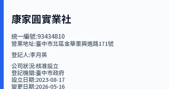 康家圓實業社的照片-統編 93434810(臺中市) 公司登記資料與營業項目詳細圖表