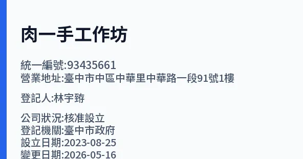 肉一手工作坊的照片-統編 93435661(臺中市) 公司登記資料與營業項目詳細圖表
