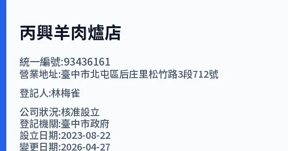 丙興羊肉爐店的照片-統編 93436161(臺中市) 公司登記資料與營業項目詳細圖表