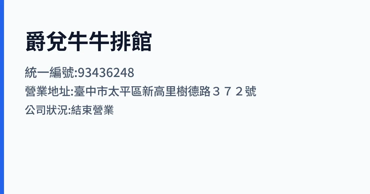 爵兌牛牛排館 - 統編 93436248(臺中市) 公司登記資料與營業項目詳細圖表