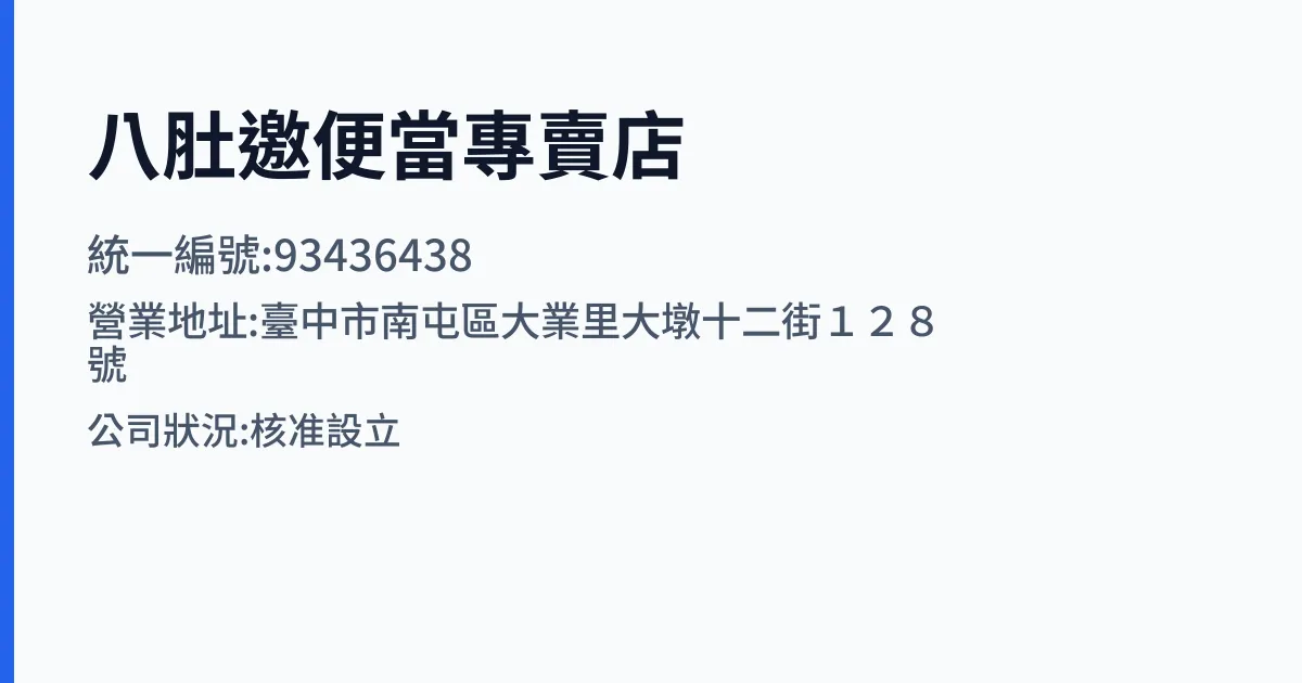 八肚邀便當專賣店 - 統編 93436438(臺中市) 公司登記資料與營業項目詳細圖表