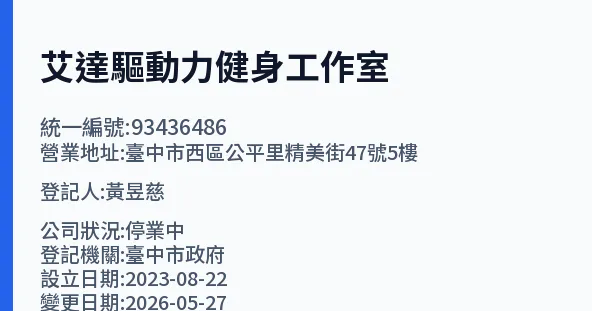 艾達驅動力健身工作室的照片-統編 93436486(臺中市) 公司登記資料與營業項目詳細圖表