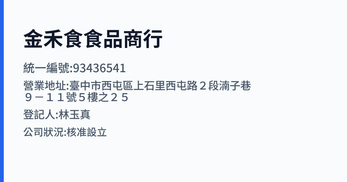 金禾食食品商行 - 統編 93436541(臺中市) 公司登記資料與營業項目詳細圖表