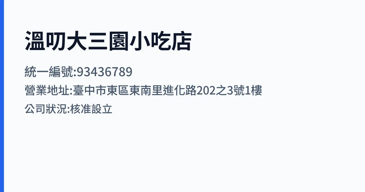 溫叨大三園小吃店 - 統編 93436789(臺中市) 公司登記資料與營業項目詳細圖表