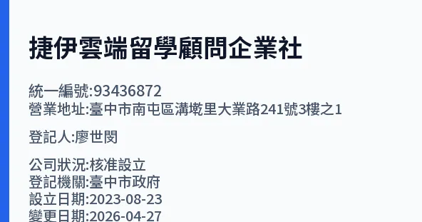 捷伊雲端留學顧問企業社的照片-統編 93436872(臺中市) 公司登記資料與營業項目詳細圖表