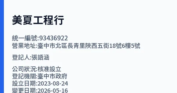 美夏工程行的照片-統編 93436922(臺中市) 公司登記資料與營業項目詳細圖表