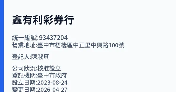 鑫有利彩券行的照片-統編 93437204(臺中市) 公司登記資料與營業項目詳細圖表