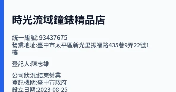 時光流域鐘錶精品店的照片-統編 93437675(臺中市) 公司登記資料與營業項目詳細圖表