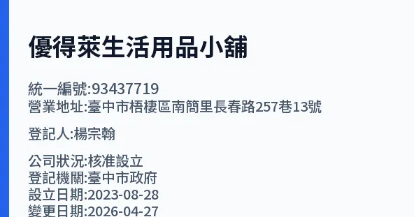 優得萊生活用品小舖的照片-統編 93437719(臺中市) 公司登記資料與營業項目詳細圖表