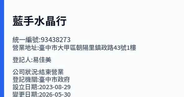 藍手水晶行的照片-統編 93438273(臺中市) 公司登記資料與營業項目詳細圖表