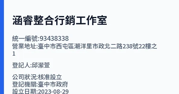 涵睿整合行銷工作室的照片-統編 93438338(臺中市) 公司登記資料與營業項目詳細圖表