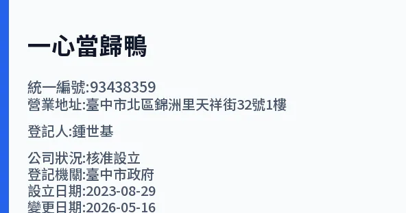 一心當歸鴨的照片-統編 93438359(臺中市) 公司登記資料與營業項目詳細圖表