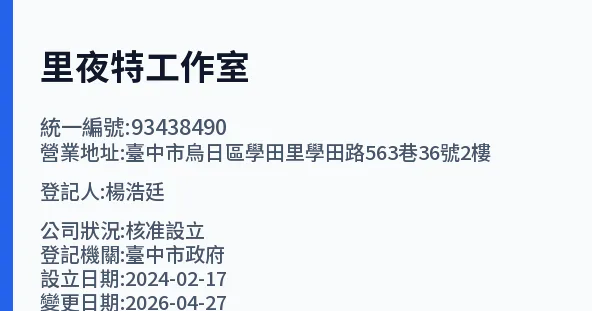 里夜特工作室的照片-統編 93438490(臺中市) 公司登記資料與營業項目詳細圖表