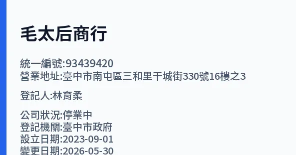 毛太后商行的照片-統編 93439420(臺中市) 公司登記資料與營業項目詳細圖表