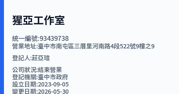 猩亞工作室的照片-統編 93439738(臺中市) 公司登記資料與營業項目詳細圖表