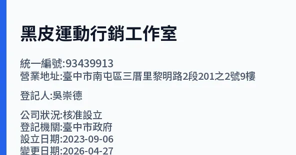 黑皮運動行銷工作室的照片-統編 93439913(臺中市) 公司登記資料與營業項目詳細圖表