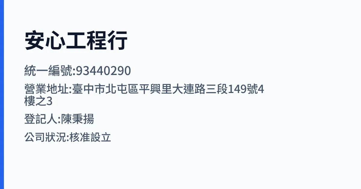 安心工程行 - 統編 93440290(臺中市) 公司登記資料與營業項目詳細圖表