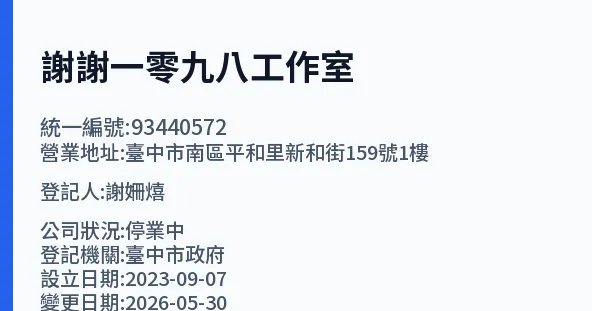 謝謝一零九八工作室的照片-統編 93440572(臺中市) 公司登記資料與營業項目詳細圖表