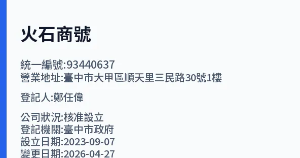 火石商號的照片-統編 93440637(臺中市) 公司登記資料與營業項目詳細圖表