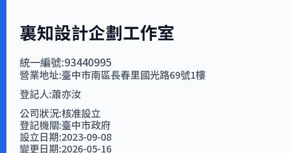 裏知設計企劃工作室的照片-統編 93440995(臺中市) 公司登記資料與營業項目詳細圖表
