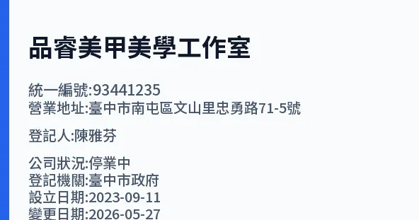 品睿美甲美學工作室的照片-統編 93441235(臺中市) 公司登記資料與營業項目詳細圖表