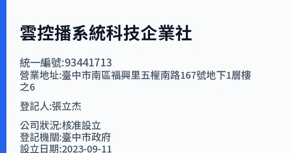 雲控播系統科技企業社的照片-統編 93441713(臺中市) 公司登記資料與營業項目詳細圖表