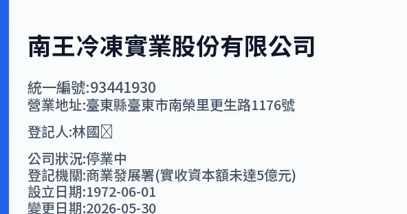 南王冷凍實業股份有限公司的照片-統編 93441930(臺東縣) 公司登記資料與營業項目詳細圖表