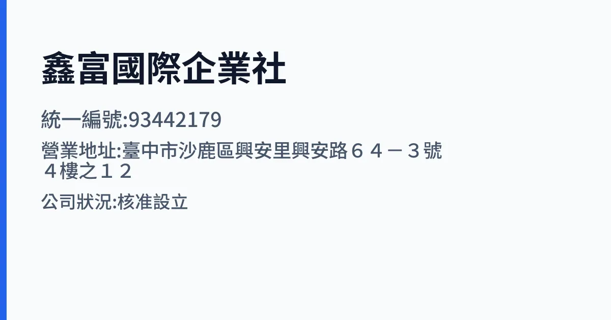 鑫富國際企業社 - 統編 93442179(臺中市) 公司登記資料與營業項目詳細圖表