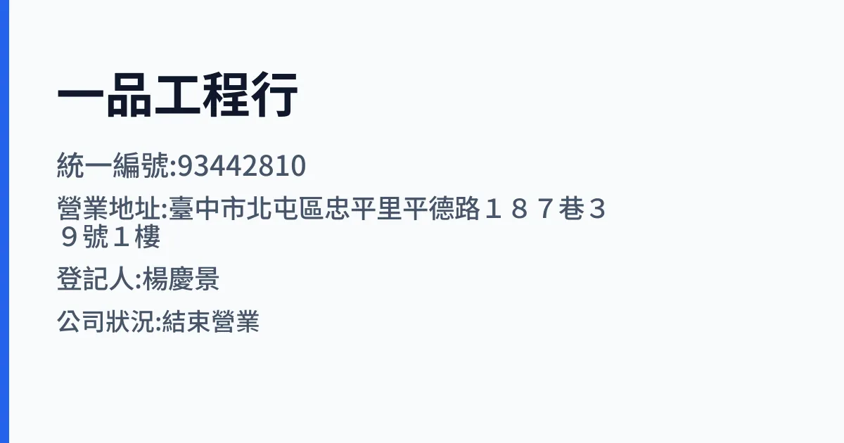 一品工程行 - 統編 93442810(臺中市) 公司登記資料與營業項目詳細圖表