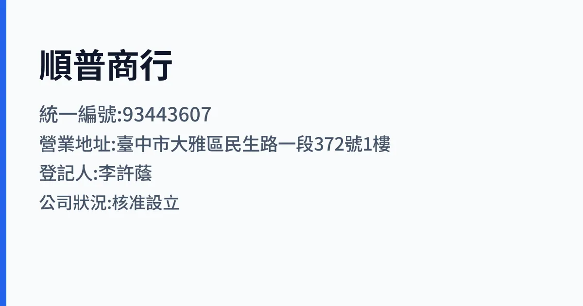 順普商行 - 統編 93443607(臺中市) 公司登記資料與營業項目詳細圖表