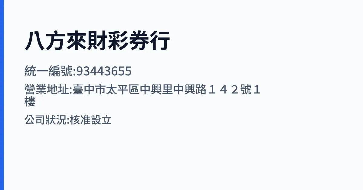 八方來財彩券行 - 統編 93443655(臺中市) 公司登記資料與營業項目詳細圖表