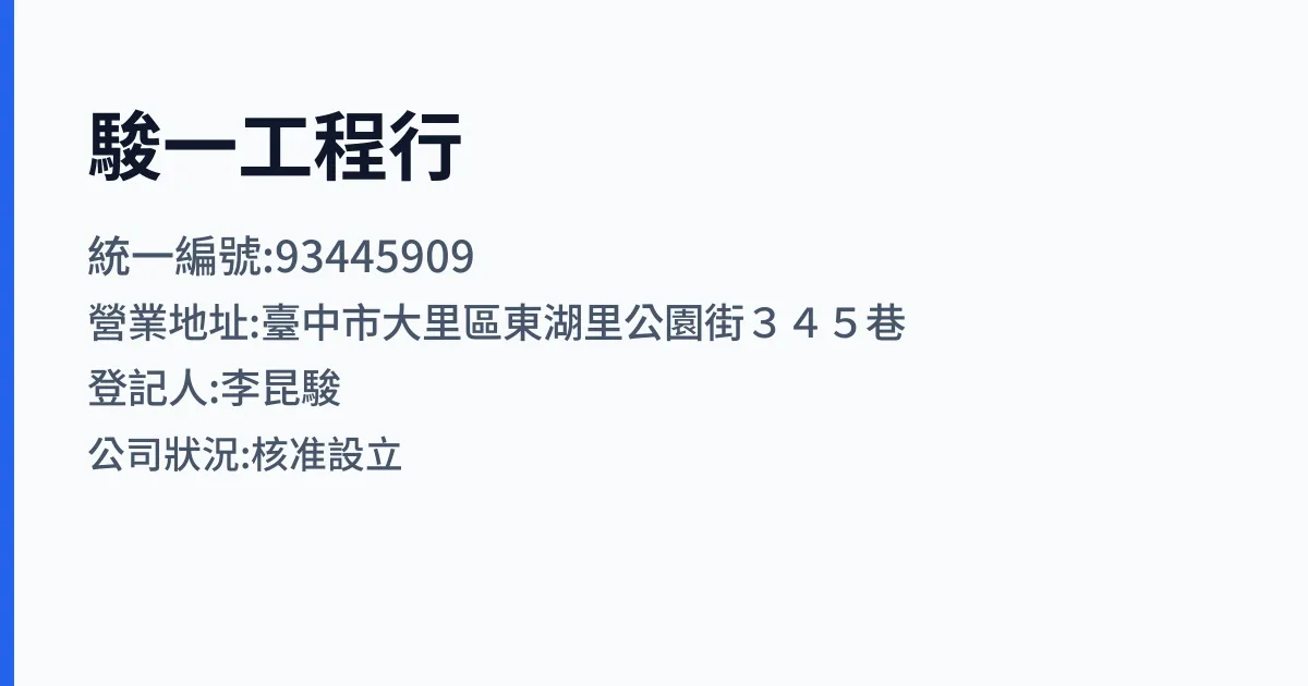 駿一工程行 - 統編 93445909(臺中市) 公司登記資料與營業項目詳細圖表