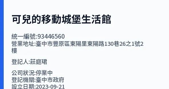 可兒的移動城堡生活館的照片-統編 93446560(臺中市) 公司登記資料與營業項目詳細圖表