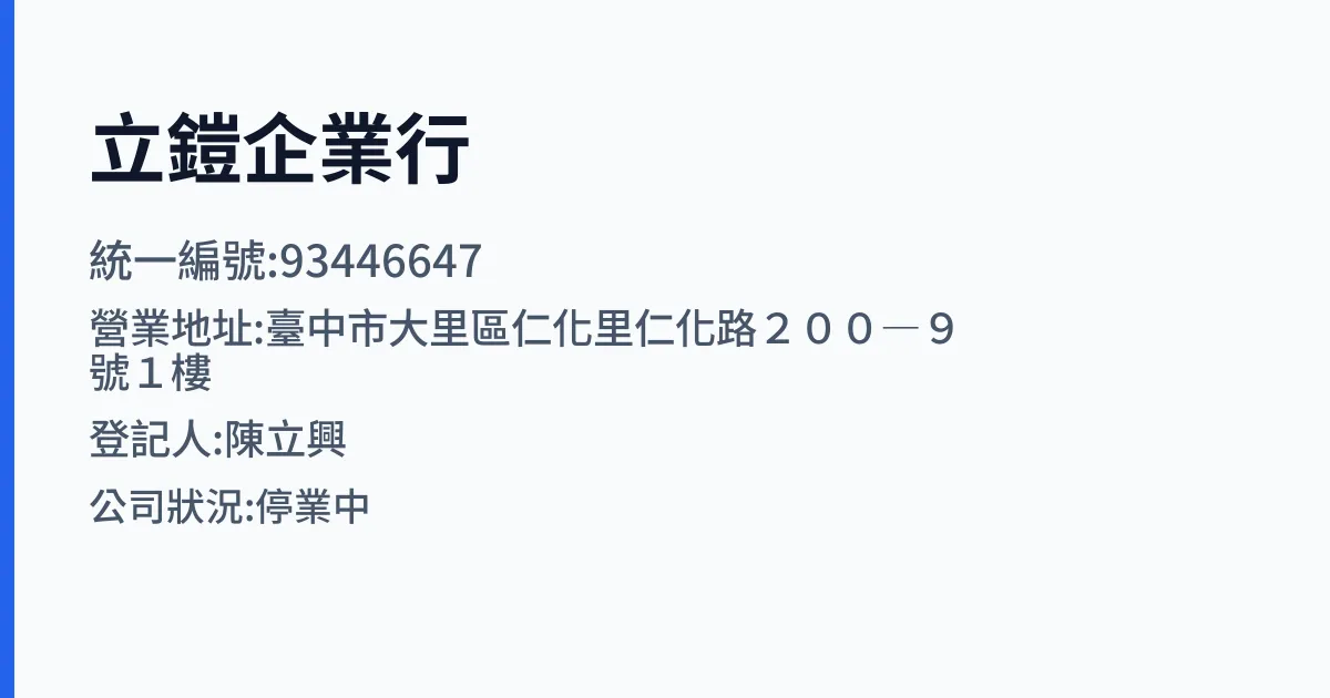 立鎧企業行 - 統編 93446647(臺中市) 公司登記資料與營業項目詳細圖表