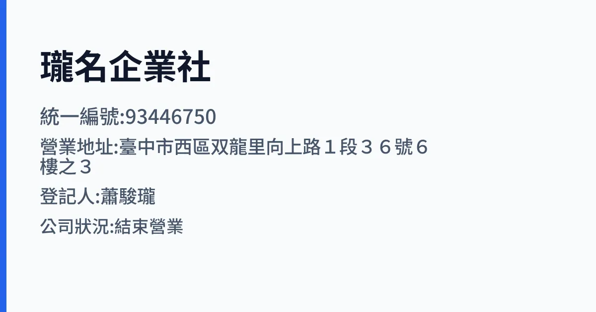 瓏名企業社 - 統編 93446750(臺中市) 公司登記資料與營業項目詳細圖表