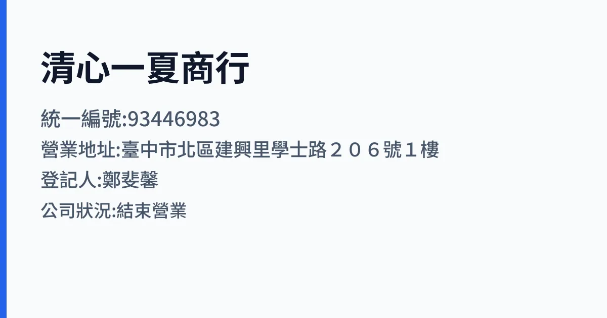 清心一夏商行 - 統編 93446983(臺中市) 公司登記資料與營業項目詳細圖表