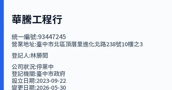 華騰工程行的照片-統編 93447245(臺中市) 公司登記資料與營業項目詳細圖表