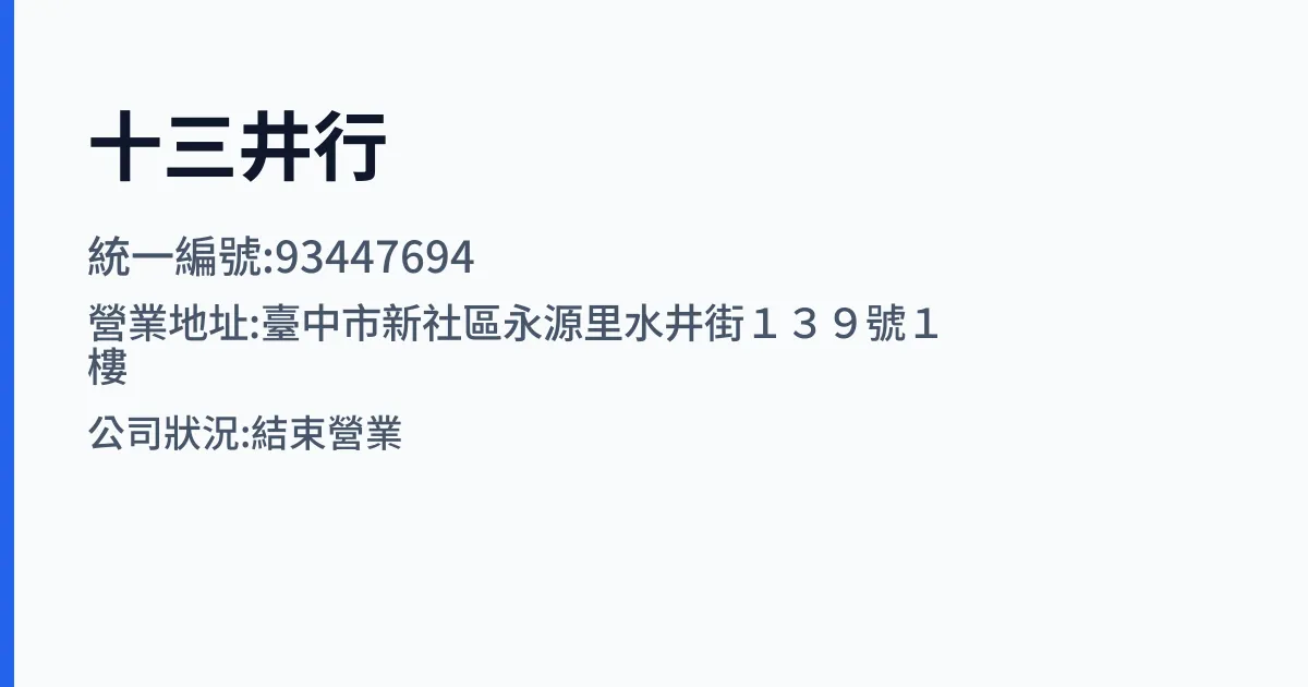 十三井行 - 統編 93447694（臺中市） 公司登記資料與營業項目詳細圖表