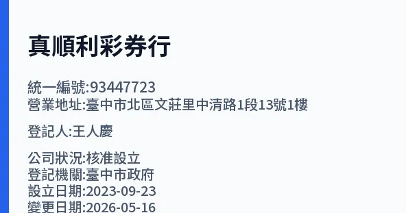 真順利彩券行的照片-統編 93447723(臺中市) 公司登記資料與營業項目詳細圖表