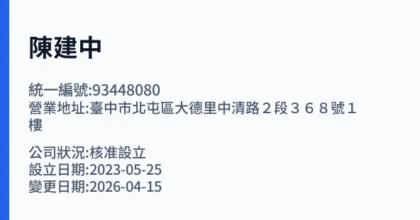 陳建中 - 統編 93448080(臺中市) 公司登記資料與營業項目詳細圖表