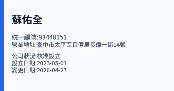 蘇佑全的照片-統編 93448151(臺中市) 公司登記資料與營業項目詳細圖表