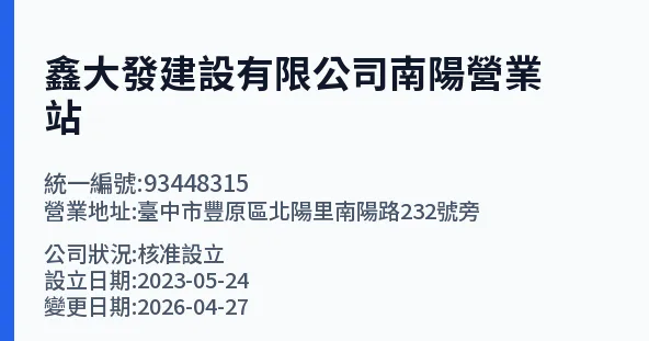 鑫大發建設有限公司南陽營業站的照片-統編 93448315(臺中市) 公司登記資料與營業項目詳細圖表