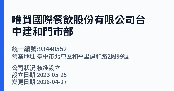 唯賀國際餐飲股份有限公司台中建和門市部的照片-統編 93448552(臺中市) 公司登記資料與營業項目詳細圖表