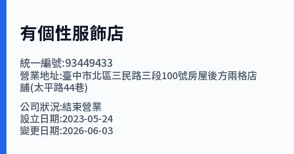 有個性服飾店的照片-統編 93449433(臺中市) 公司登記資料與營業項目詳細圖表