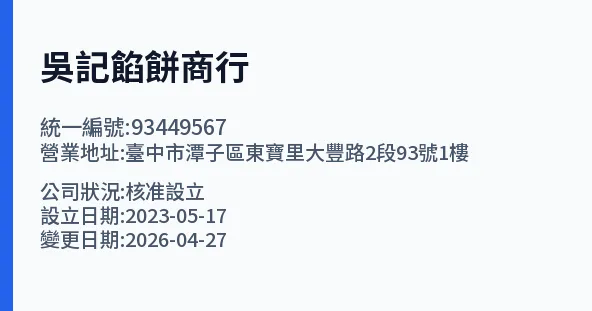 吳記餡餅商行的照片-統編 93449567(臺中市) 公司登記資料與營業項目詳細圖表