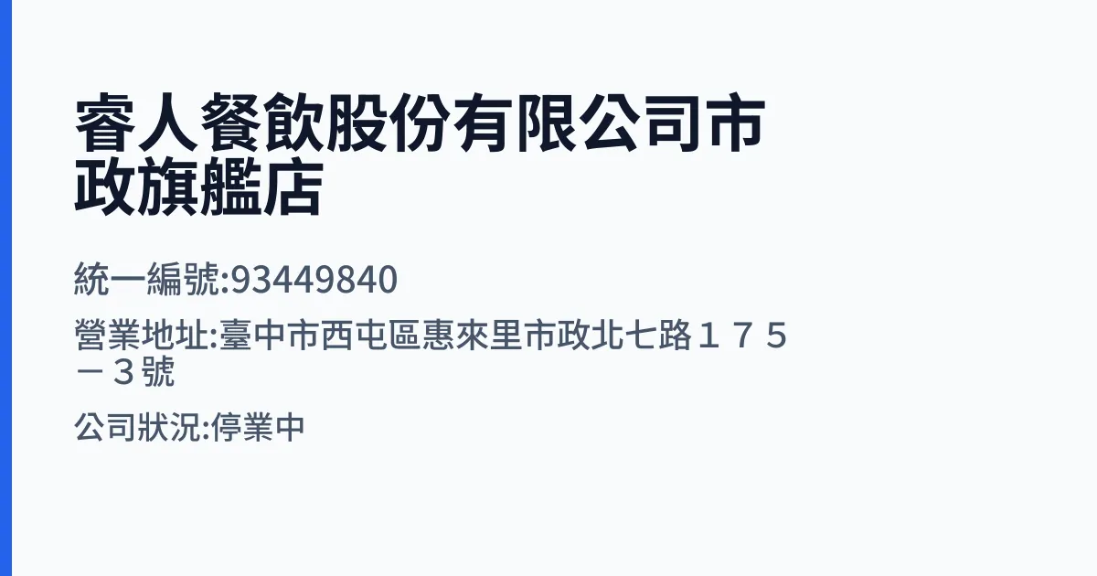 睿人餐飲股份有限公司市政旗艦店 - 統編 93449840(臺中市) 公司登記資料與營業項目詳細圖表